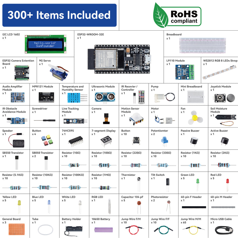 Sunfounder Esp32 Ultimate Starter Kit With Battery And Esp32 Wroom 32e Board Rohs Compliant
