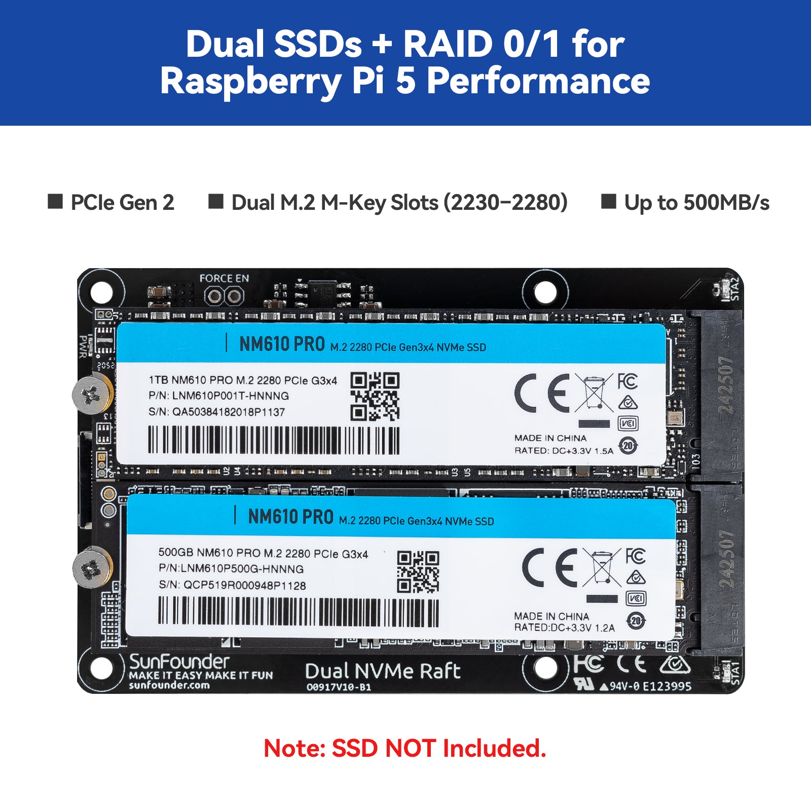 SunFounder Dual NVMe Raft for Raspberry Pi 5 PCIe Gen 2.0 to M.2 HAT ...