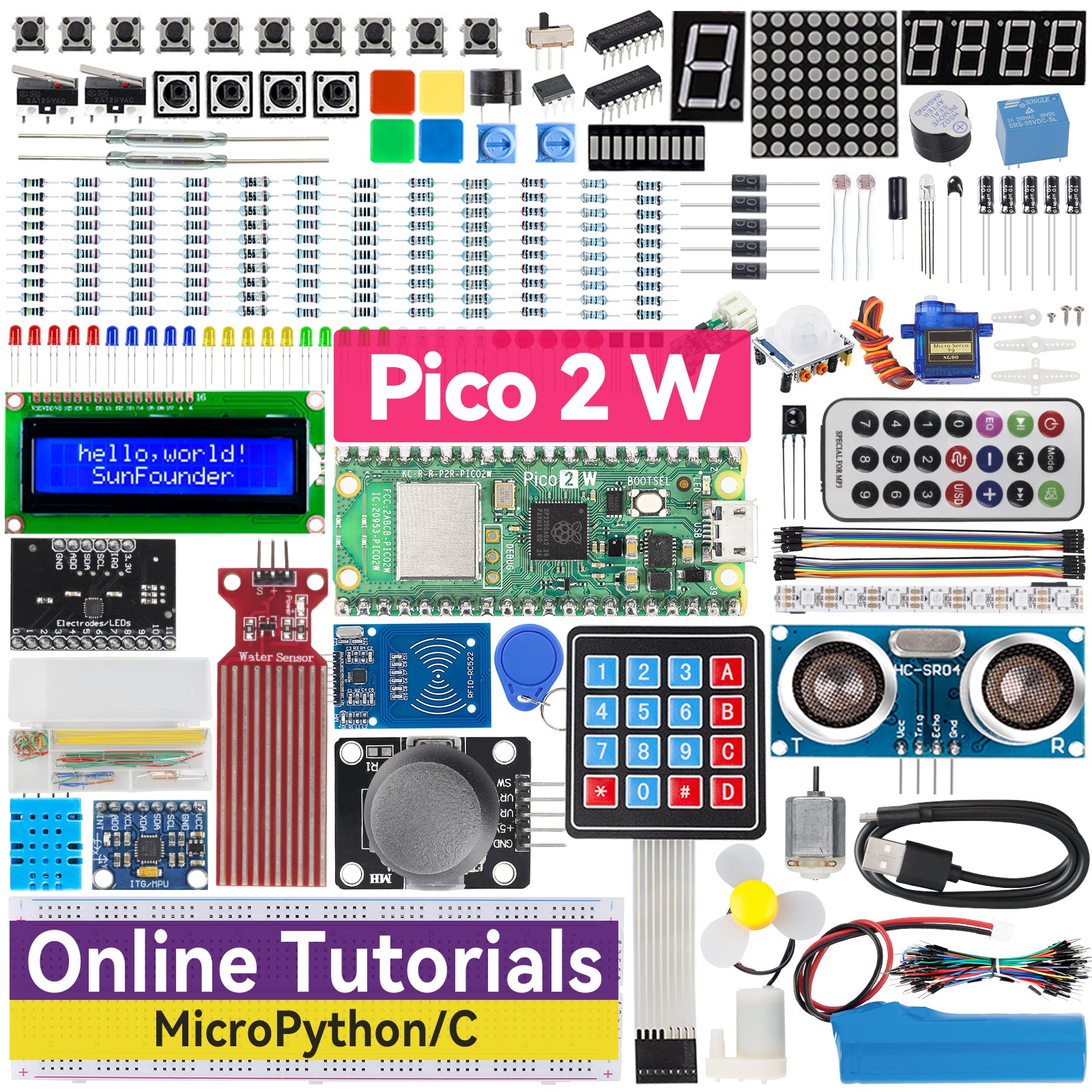 SunFounder Raspberry Pi Pico 2 W Ultimate Starter Kit with 110+Video Courses Online Tutorials ...